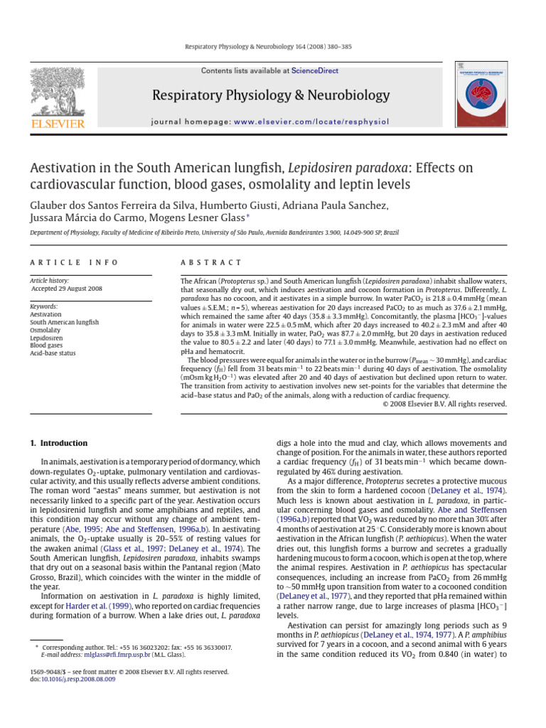 Aestivation in The South American Lungfish, Lepidosiren Paradoxa ...
