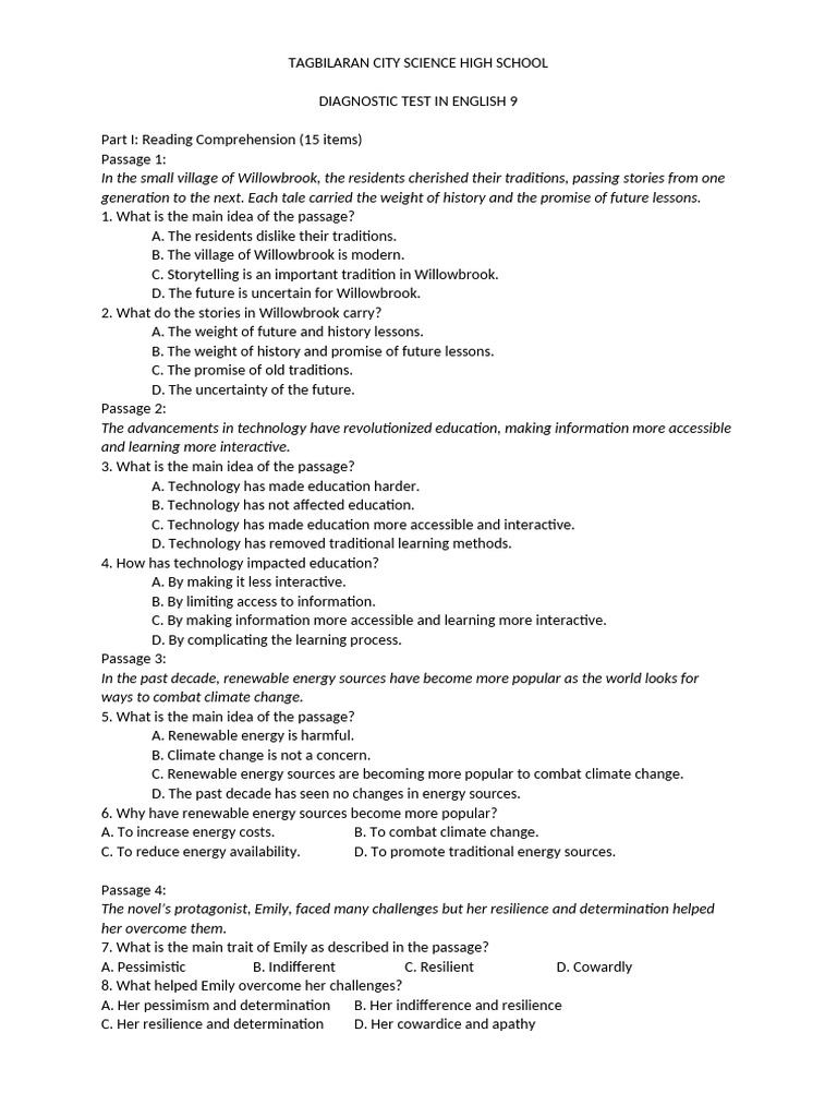 Diagnostic Test in English 9 | PDF | Multiple Choice | Psychological ...