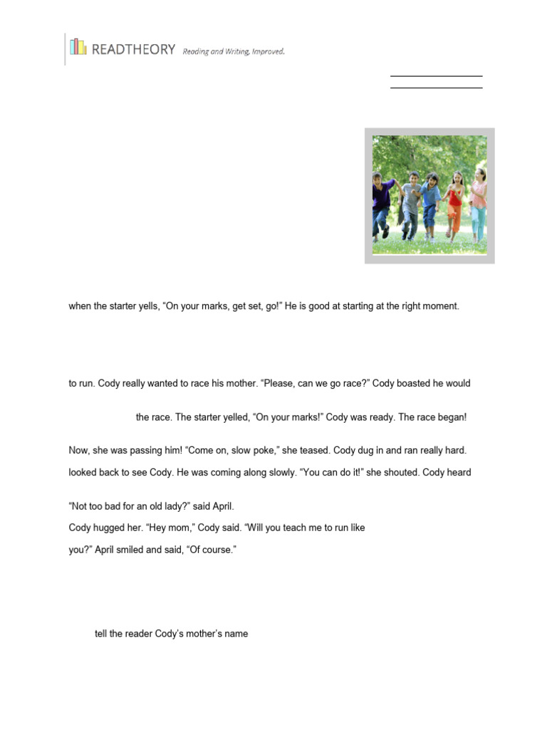 Reading Comprehension Cody Likes To Run | PDF