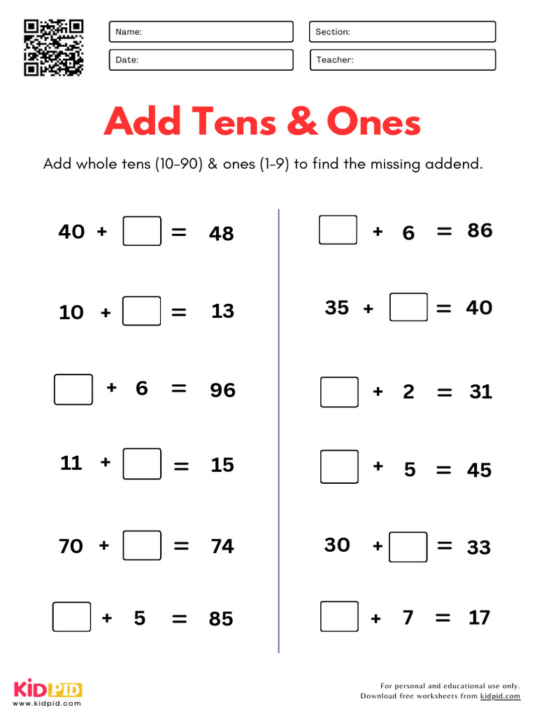 Adding Whole Tens and Ones Missing Addend Worksheets For Grade 1 7hw202 ...