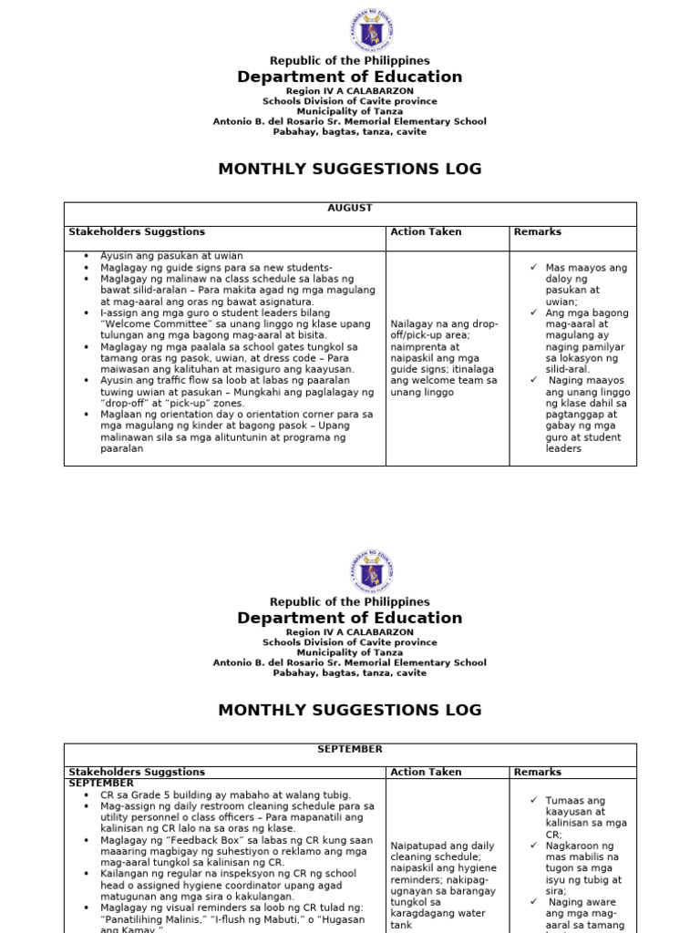 Monthly Suggestion Log | PDF