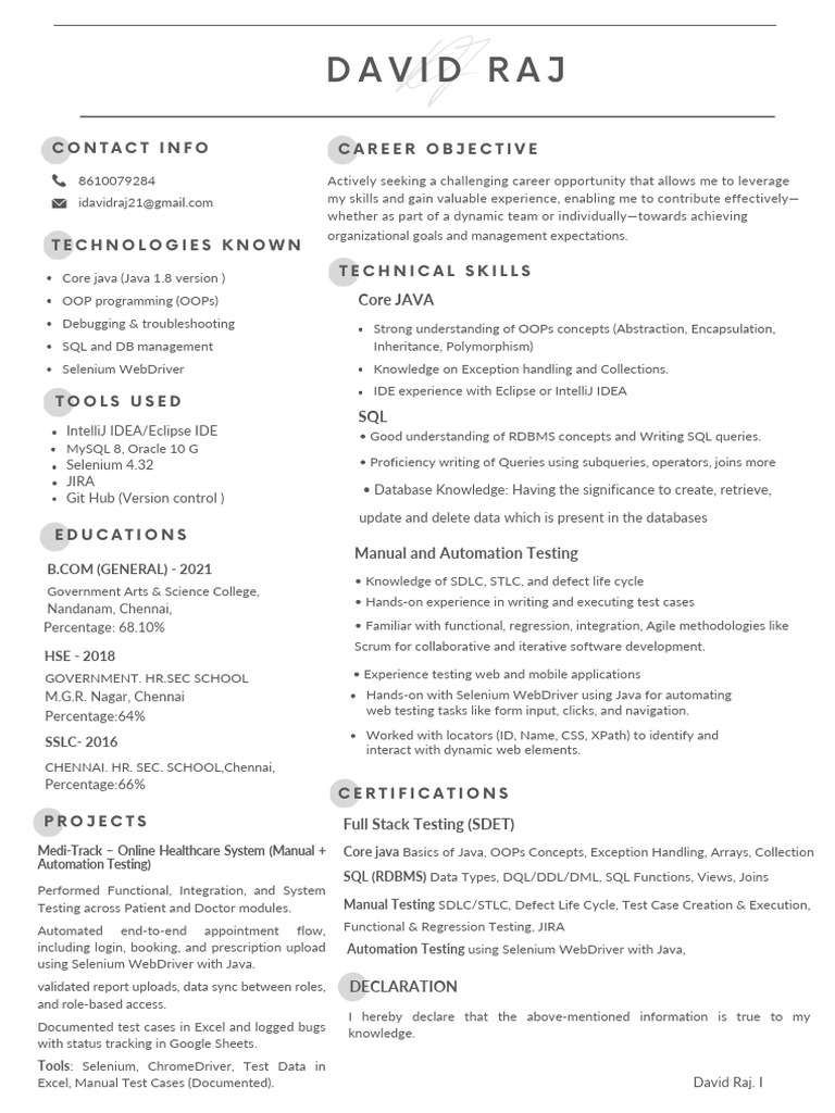 David Raj - Java & Selenium Tester Resume | PDF | Selenium (Software ...