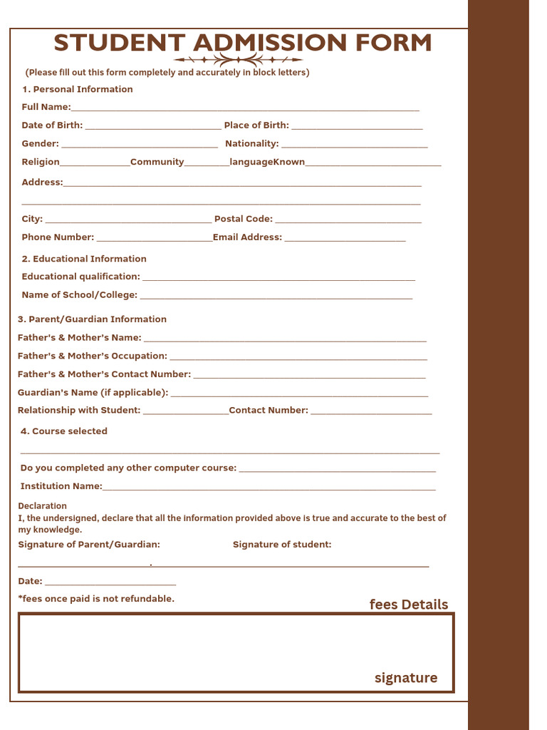 Student Admission Form A4 Document | PDF