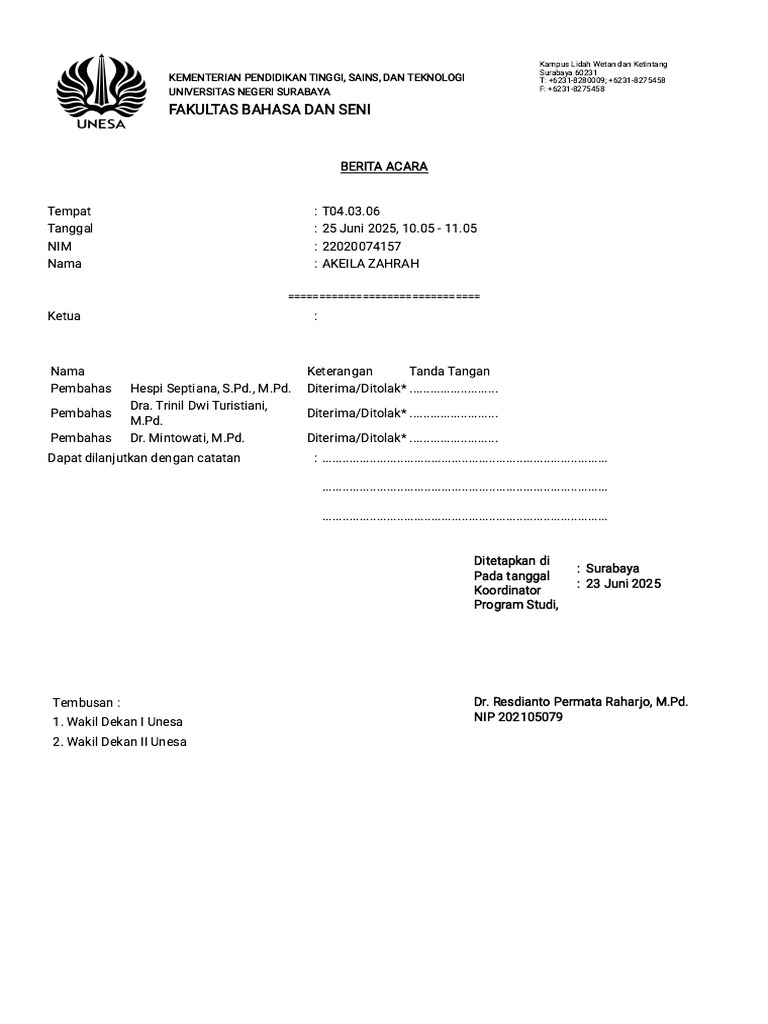 Berita Acara Sempro Akeila Zahrah | PDF