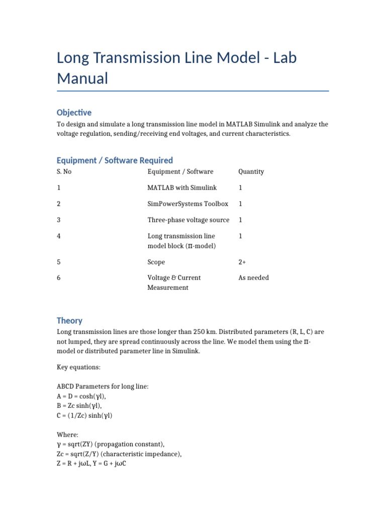 Long Transmission Line Lab Manual | PDF | Transmission Line | Electric Power Transmission