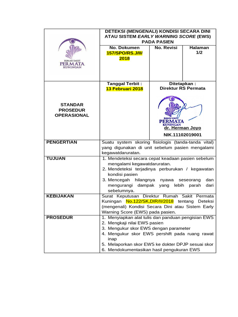 Spo Deteksi (Mengenali) Kondisi Secara Dini Atau Early Warning Score ...