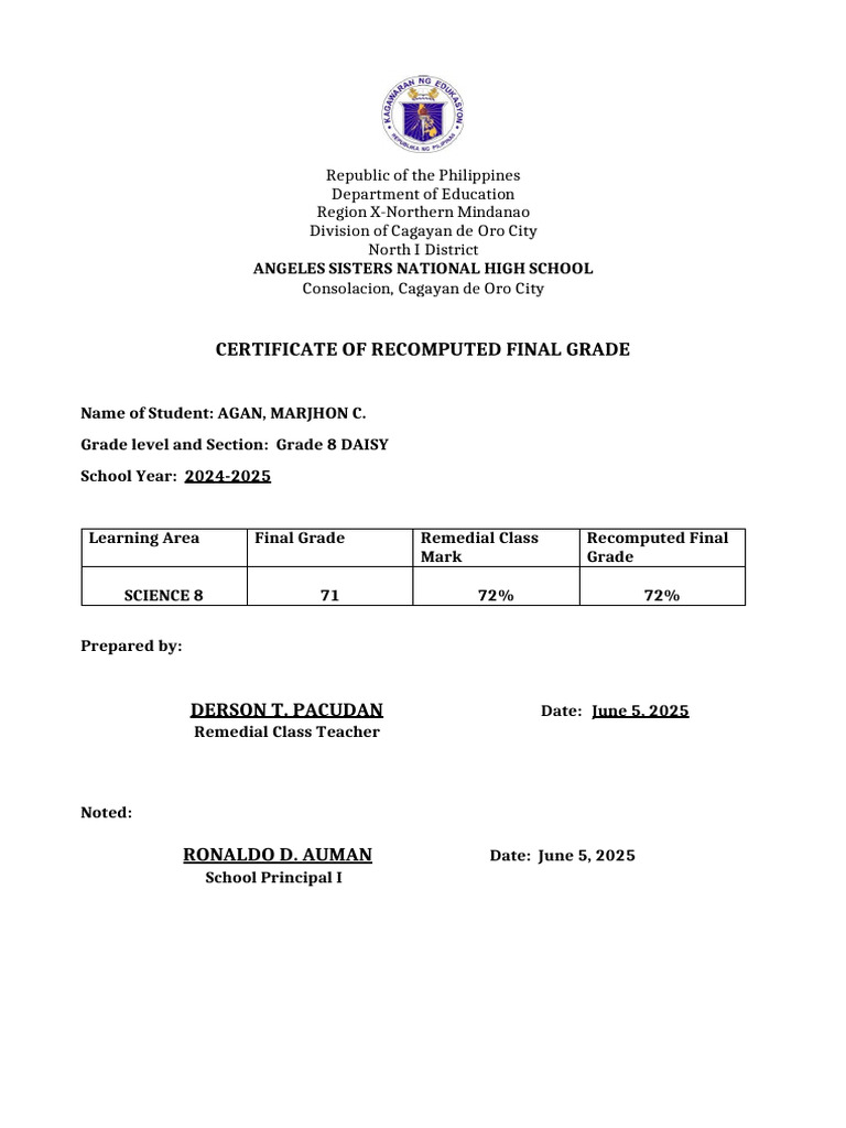 CERTIFICATE OF RECOMPUTED FINAL GRADE (1) | PDF