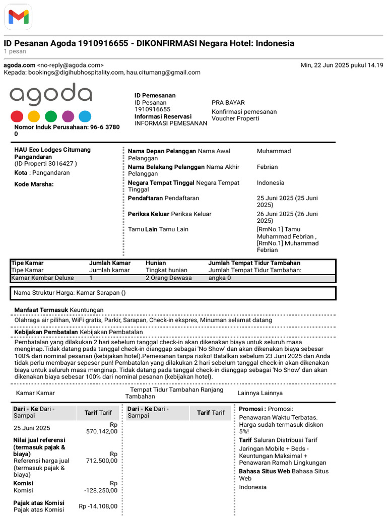 Muhammad Febrian Gmail - ID Pesanan Agoda 1910916655 - DIKONFIRMASI Negara Hotel - Indonesia | PDF