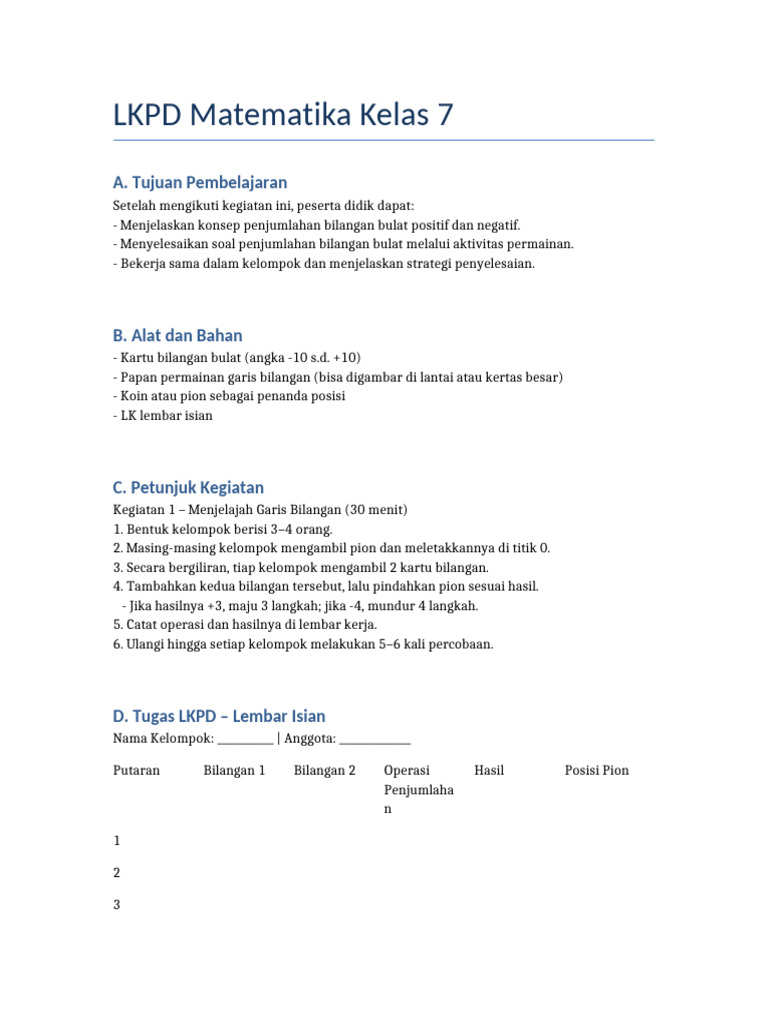 LKPD Penjumlahan Bilangan Bulat Kelas 7 Unplugged | PDF