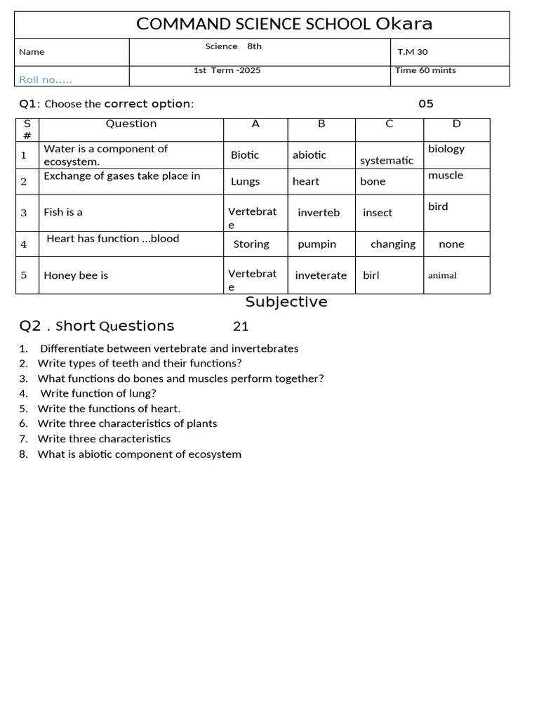 8th Grade Science Exam - Term 1 2025 | PDF