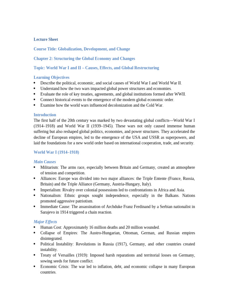 Global Economy: WWI & WWII Impact Analysis | PDF | World War I ...