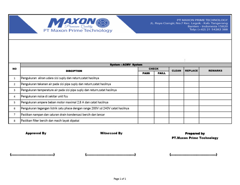 CHECKLIST MONTHLY PM CHILLER WATER FCU SYSTEM ACMV - Bejo | PDF