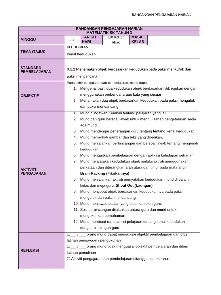 RPH Ringkas Minggu 37 Math SK THN 3 2023 by Cikgu Gorgeous | PDF