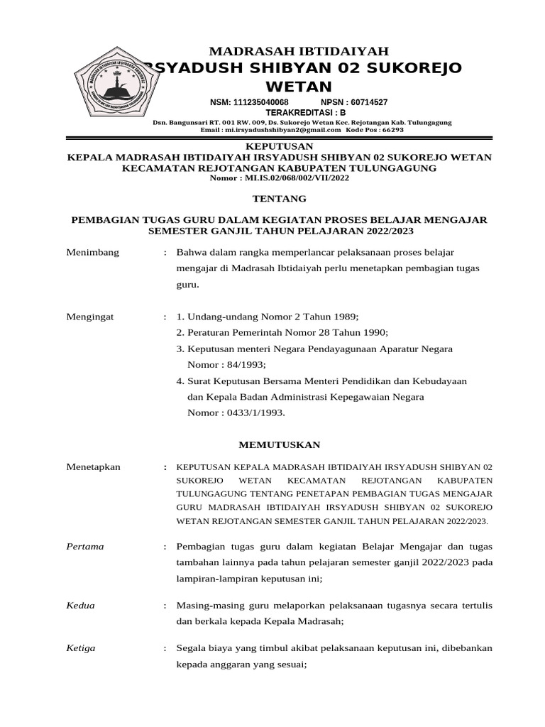 SK Pembagian Tugas GANJIL 2022-2023 | PDF