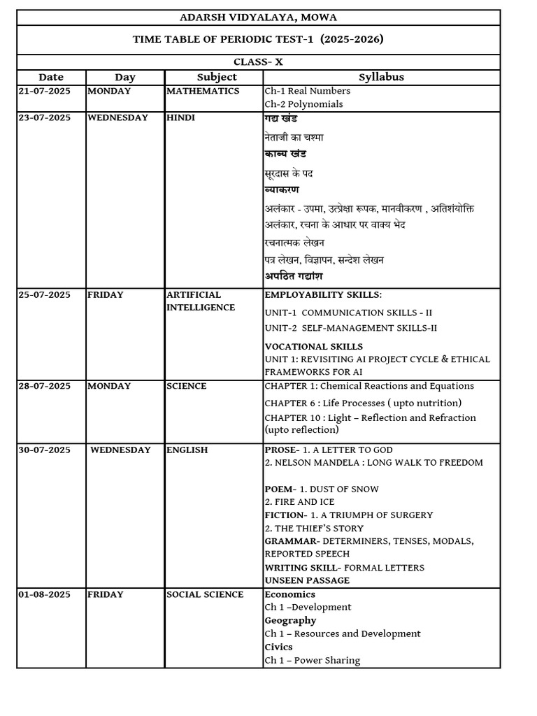Class X Periodic Test 1 Timetable 2025 | PDF