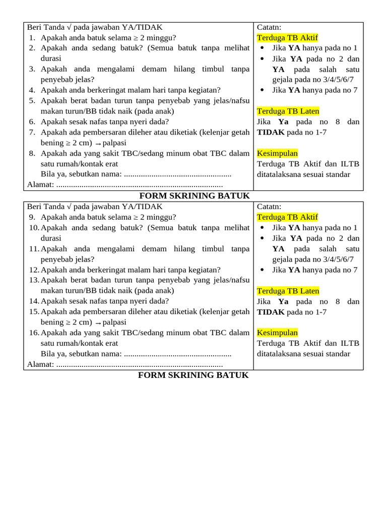 Formulir Skrining TBC dan Batuk | PDF