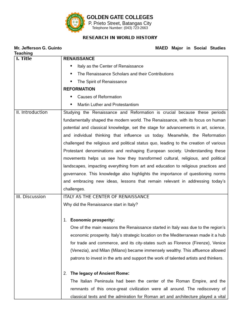 Guinto, Jefferson G. - World History (Renaissance and Reformation) | PDF | Renaissance | Humanism