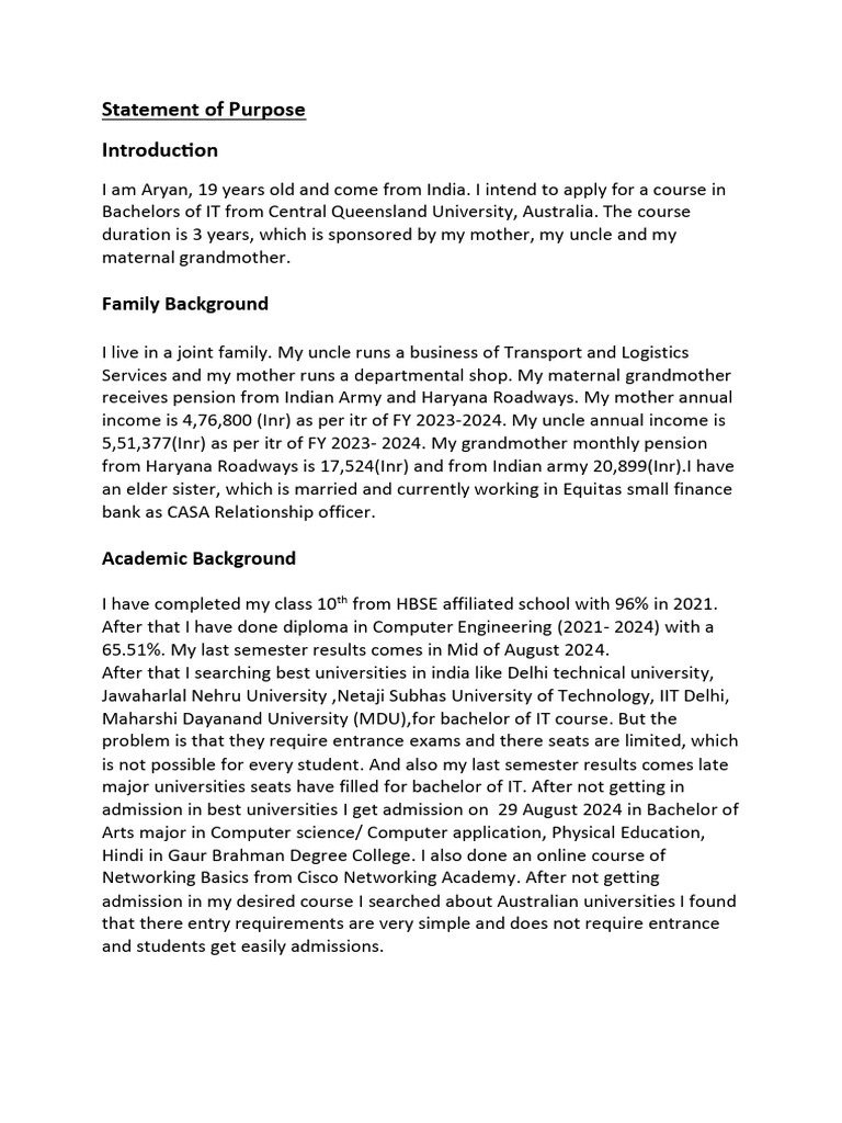 Statement of Purpose: Family Background | PDF | Qualifications | Academia