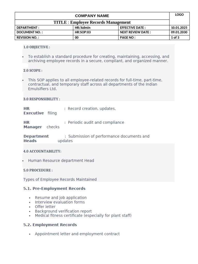 Employee Records Management SOP | PDF | Records Management | Employment