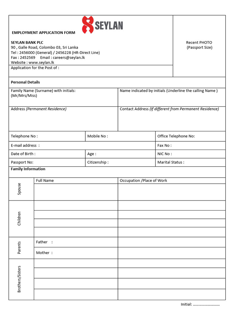 Seylan Bank Job Application Form | PDF