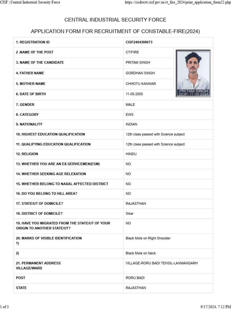 CISF Fire Constable 2024 Appl Form | PDF