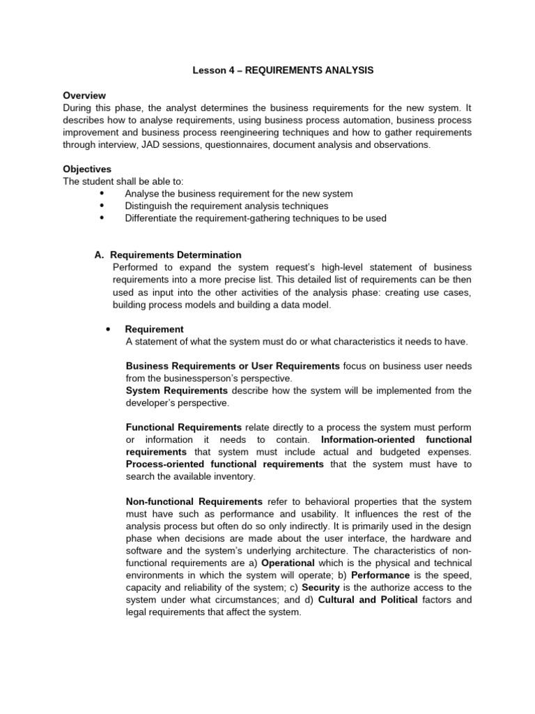 Lesson 4 - Requirements Analysis | PDF