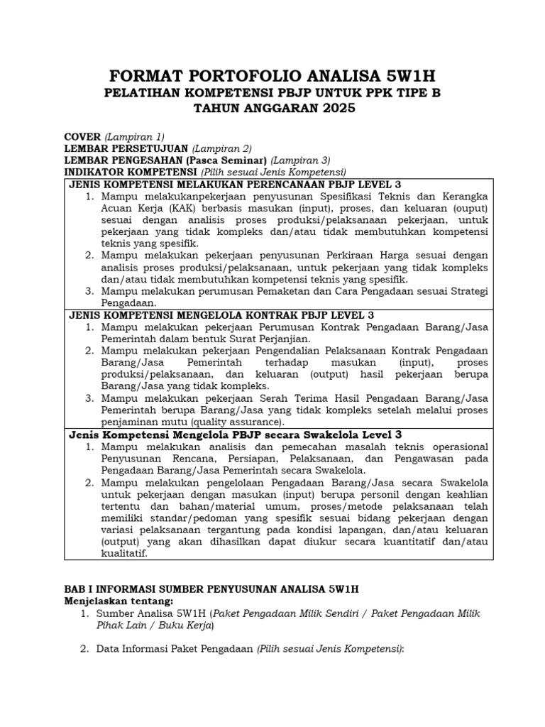 Format Laporan Portofolio 5W1H Pelatihan PPK Tipe B 2025 | PDF