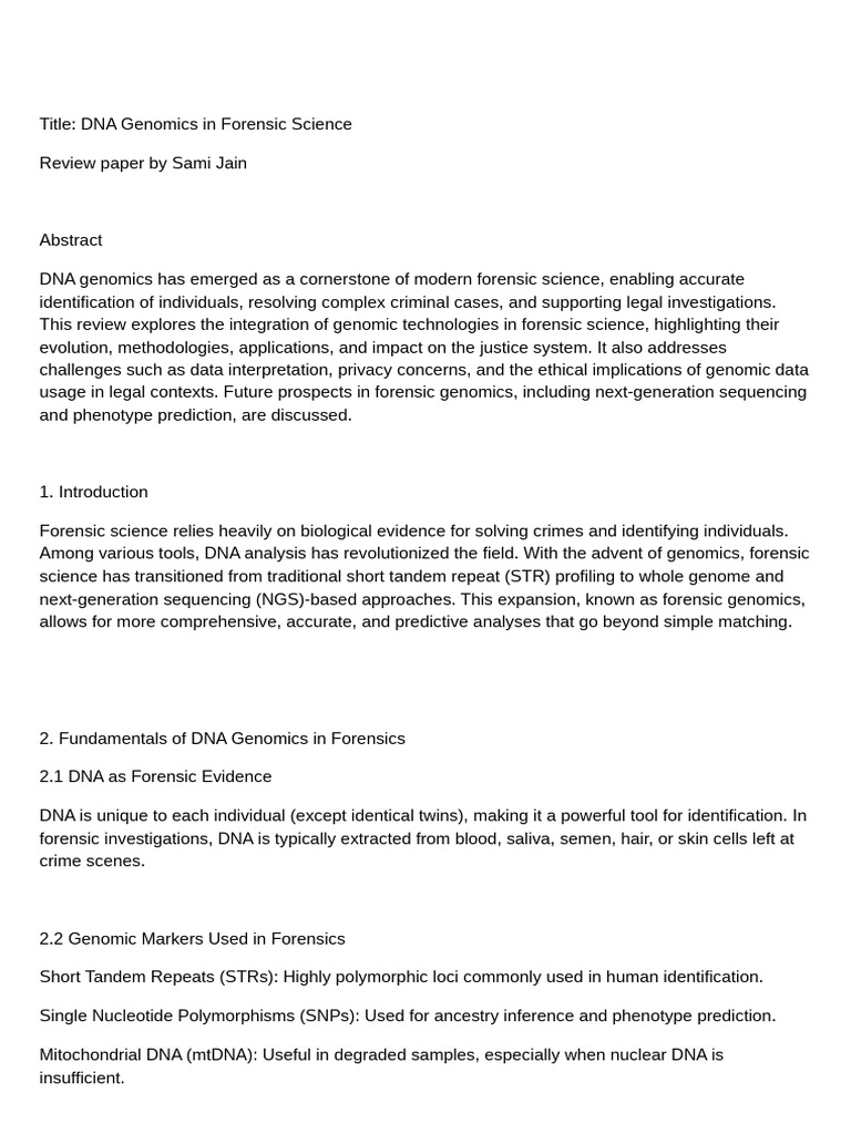 Sure! Here's A Review Paper On DNA Genomics in Forensic Science That ...