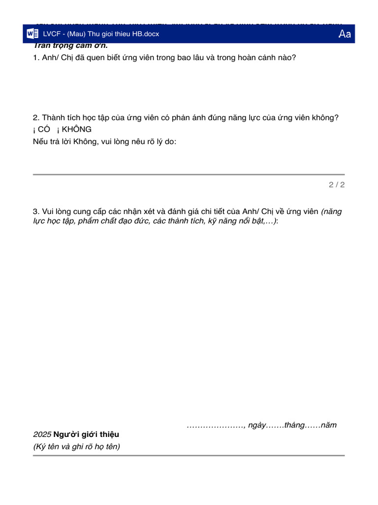 LVCF - (Mau) Thu Gioi Thieu HB.docx | PDF