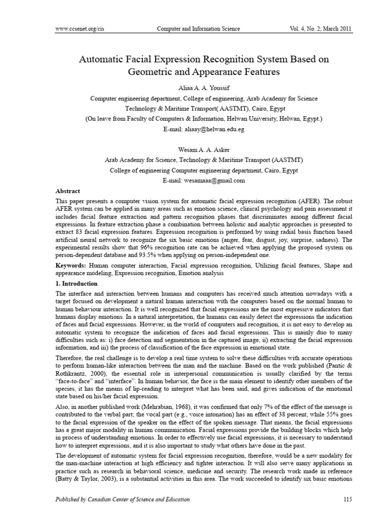 Automatic Facial Expression Recognition System Based On Geometric and Appearance Features | PDF ...