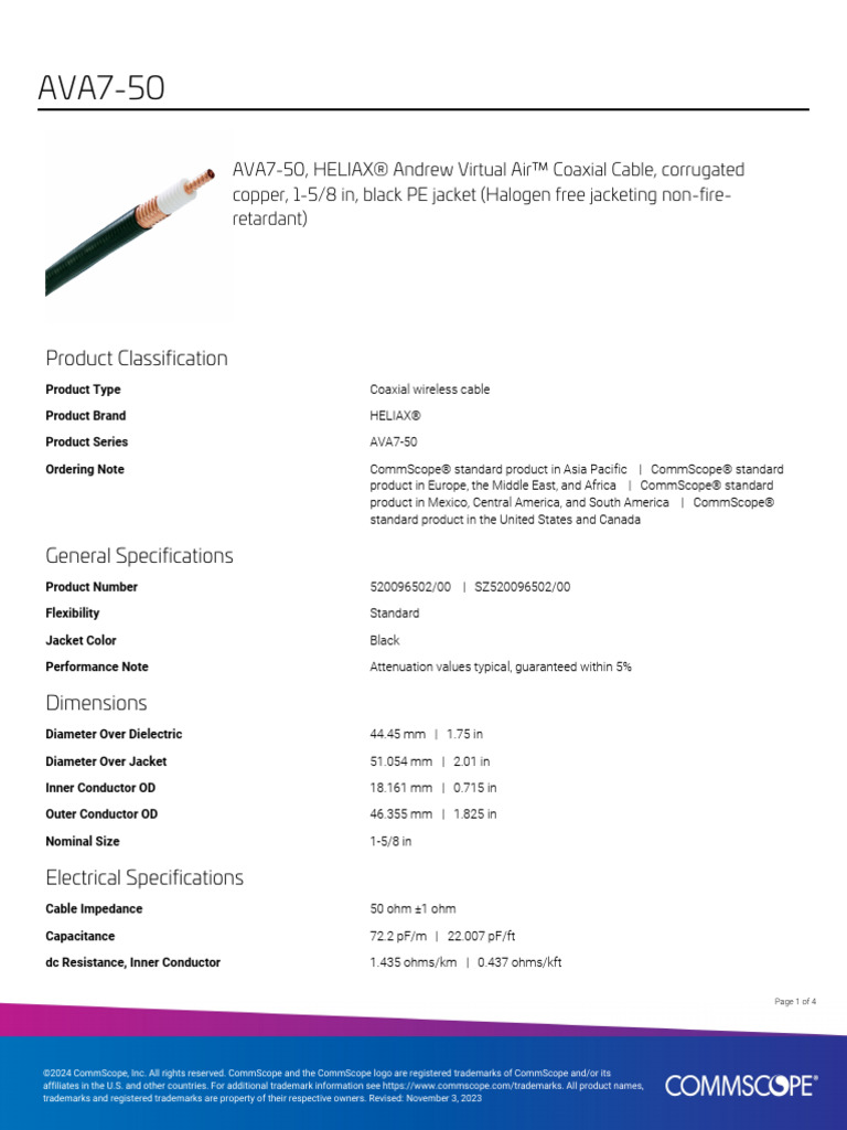 AVA7-50 Coaxial Cable Specifications | PDF | Coaxial Cable | Electrical ...