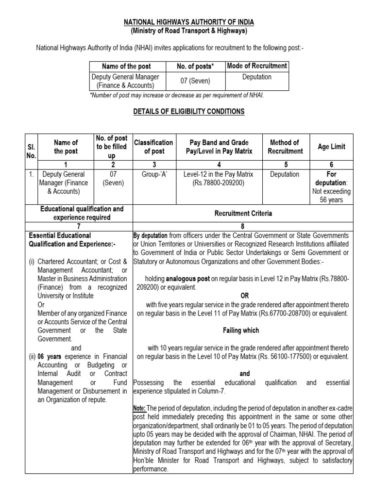 07 Deputy General Manager Finance Accounts Posts Advt Details NHAI | PDF
