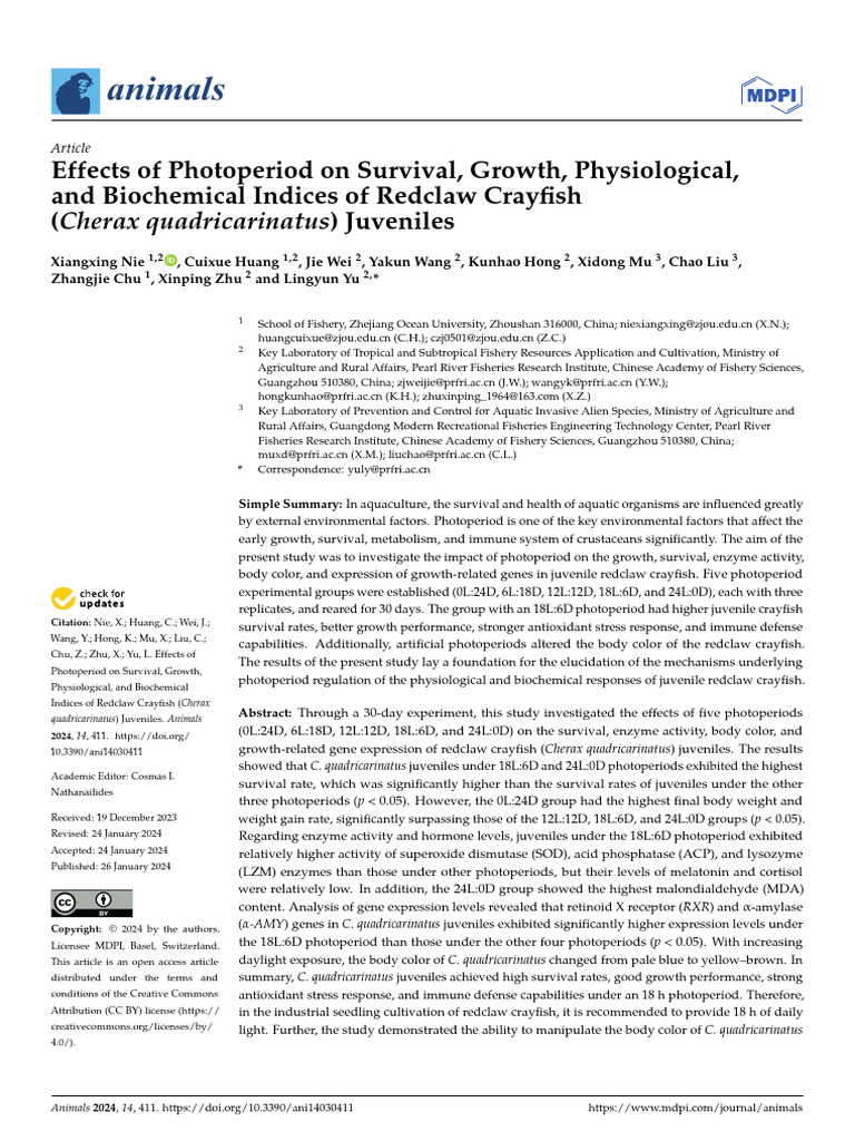 Photoperiod Effects on Redclaw Crayfish Growth | PDF | Biology