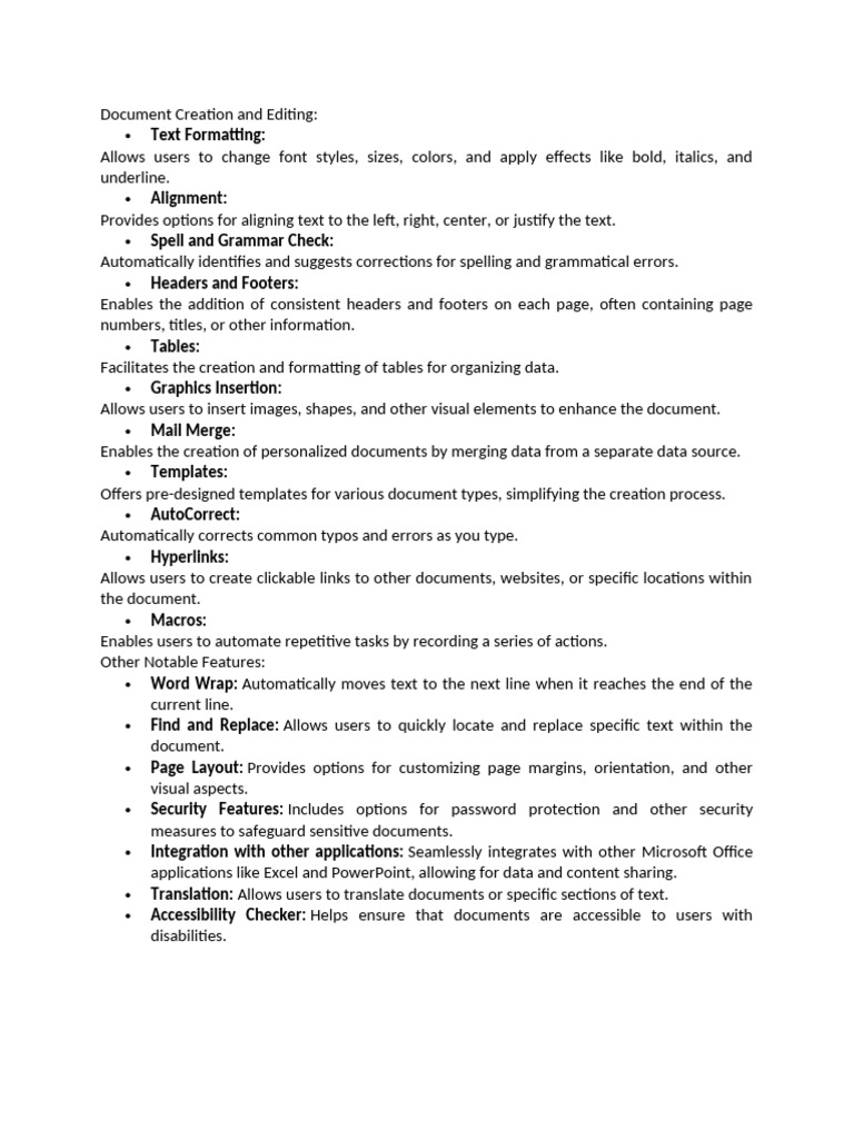 Document Creation and Editing Features | PDF