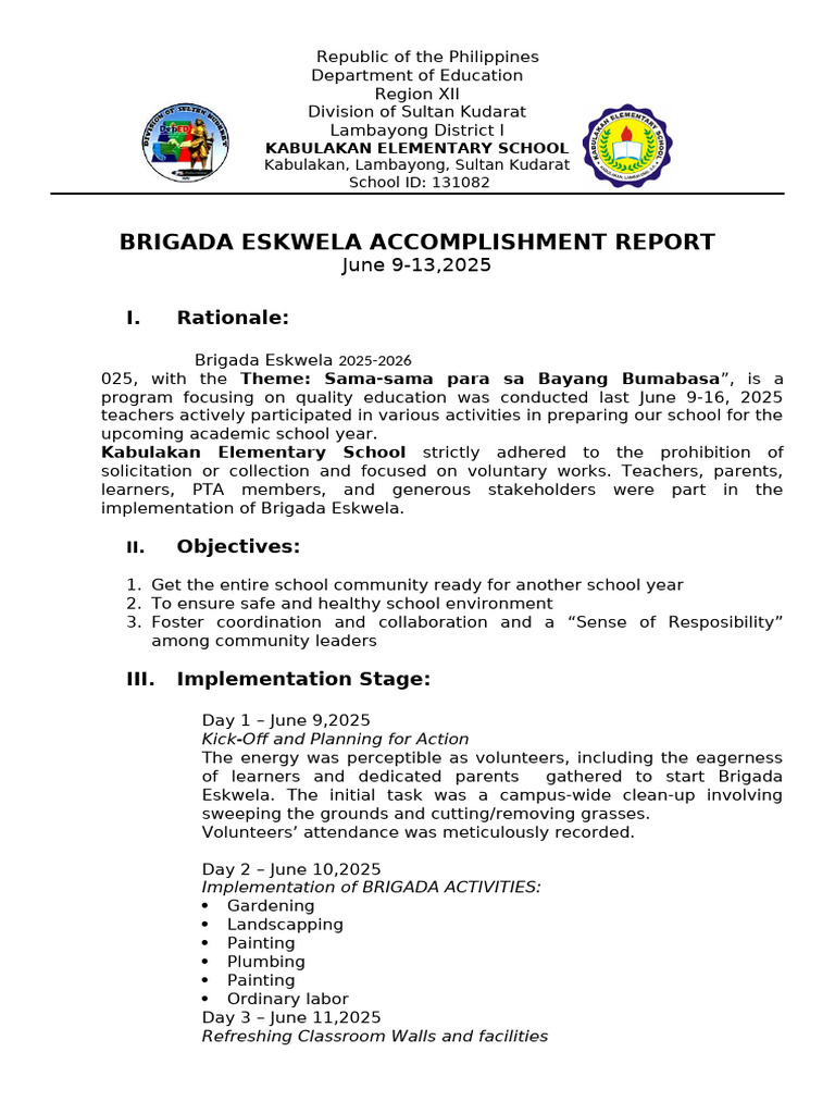 Bridagad Accomplishment Brigada 2025 | PDF | Learning