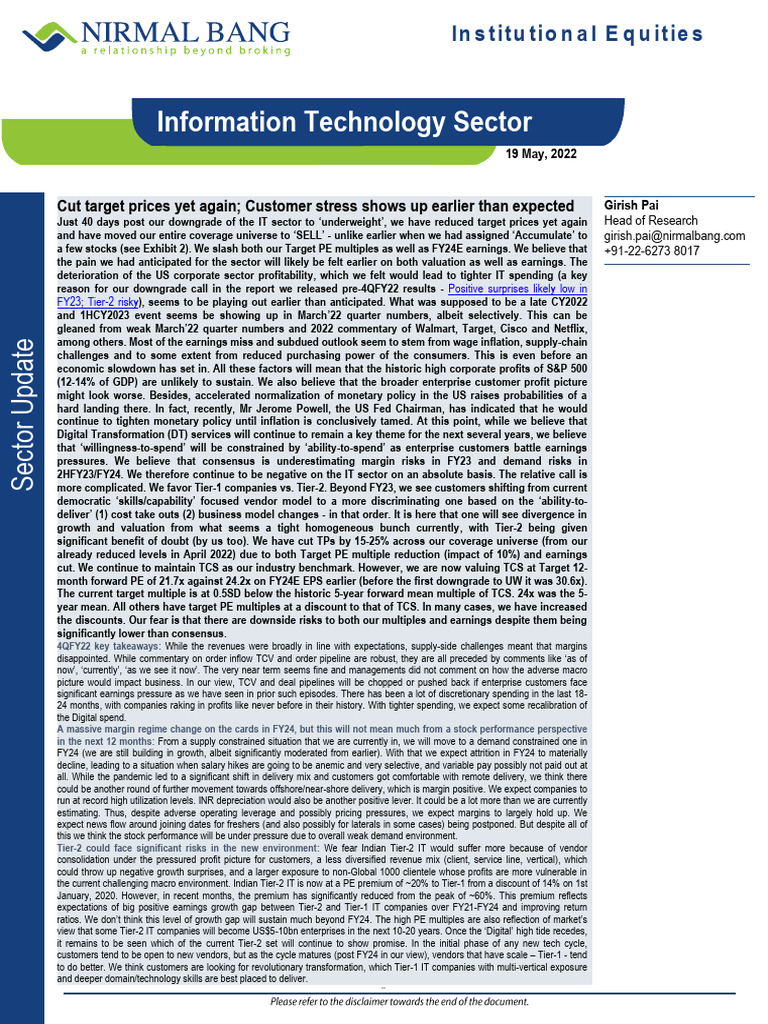IT Sector Downgrade: Target Price Cuts | PDF | Inflation | Monetary Policy
