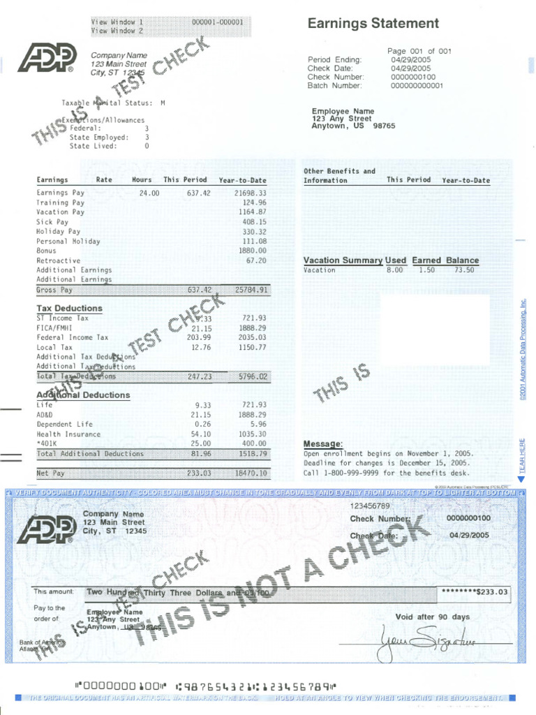 ADP Sample Check Layout | PDF | Economy Of The United States | United ...