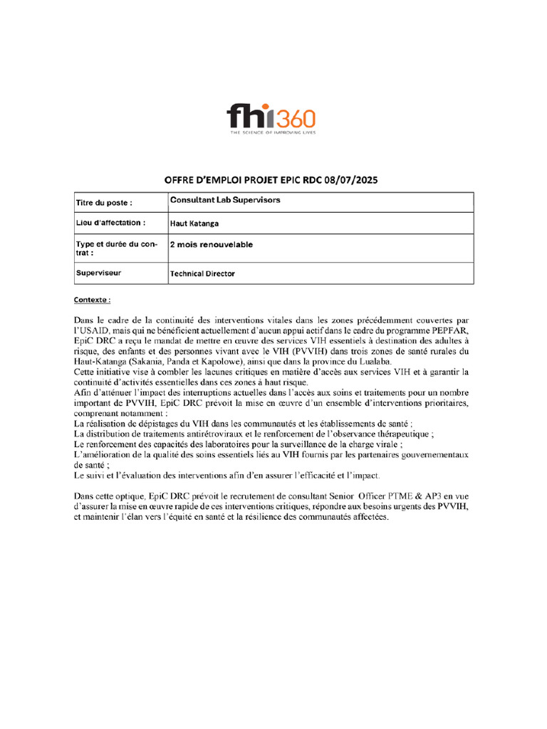 Offre D'emploi Projet Epic-FHI360 Consultant Lab Supervisors | PDF