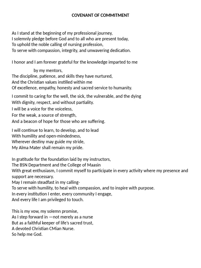 Covenant of Commitment in Nursing | PDF