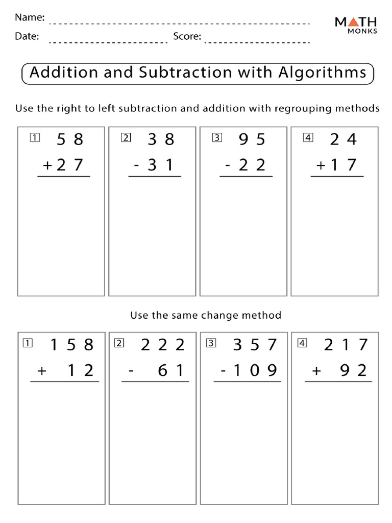 Addition and Subtraction Algorithms Worksheet | PDF