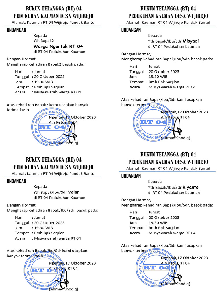 Undangan Musyawarah Warga RT 04 | PDF