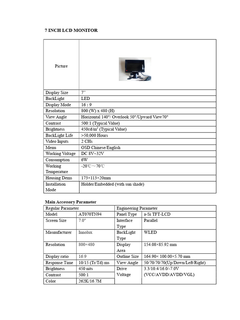 7-Inch LED LCD Monitor Specifications | PDF