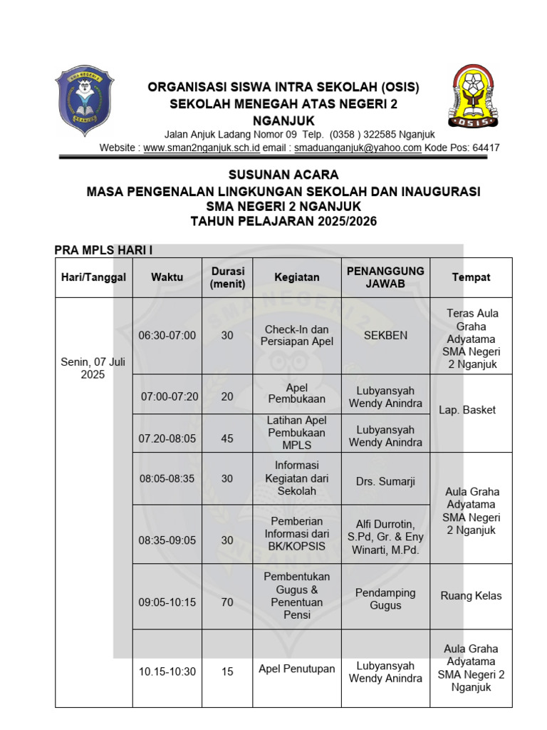 Rundown Pra-Mpls, MPLS Dan Inaugurasi Sman 2 Nganjuk | PDF