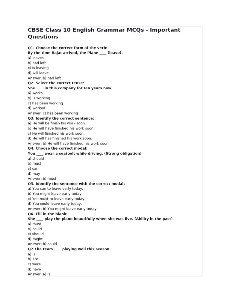 Class 10 English Grammar MCQs with Answers | PDF | Linguistics | Grammar