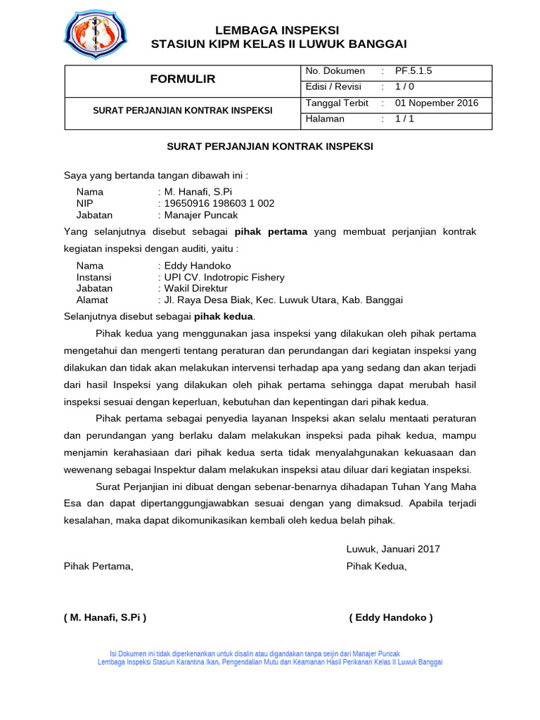 Pf.5.1.5 Surat Perjanjian Kontrak Inspeksi - Implementasi | PDF