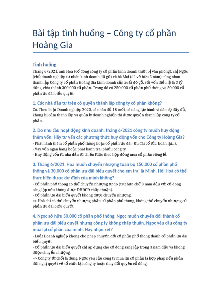 Bai Tap Tinh Huong CTCP Hoang Gia | PDF