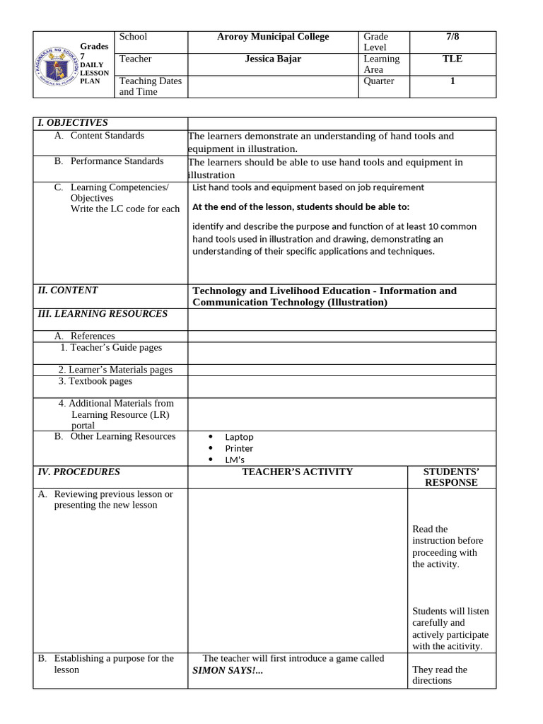 Grade 7 TLE Lesson Plan: Hand Tools in Illustration | PDF | Pencil ...