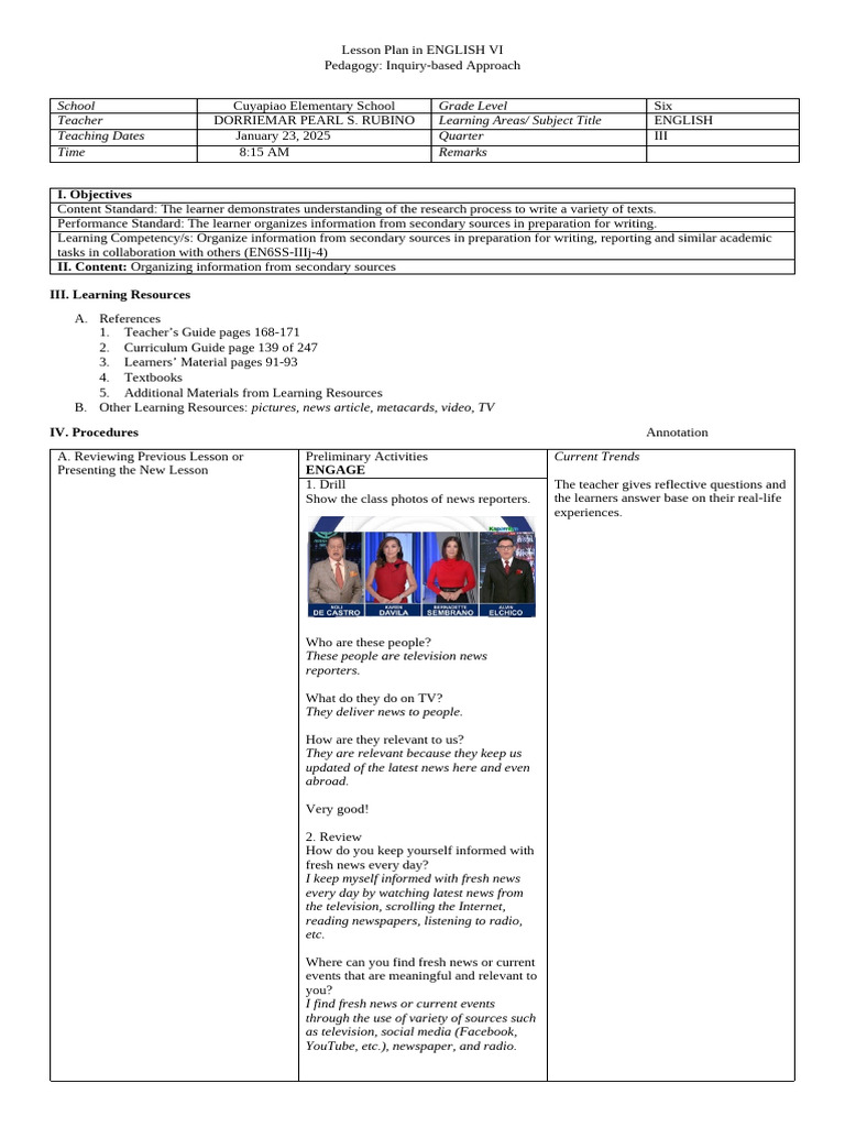Inquiry-Based English Lesson Plan VI | PDF | Lesson Plan | Teachers