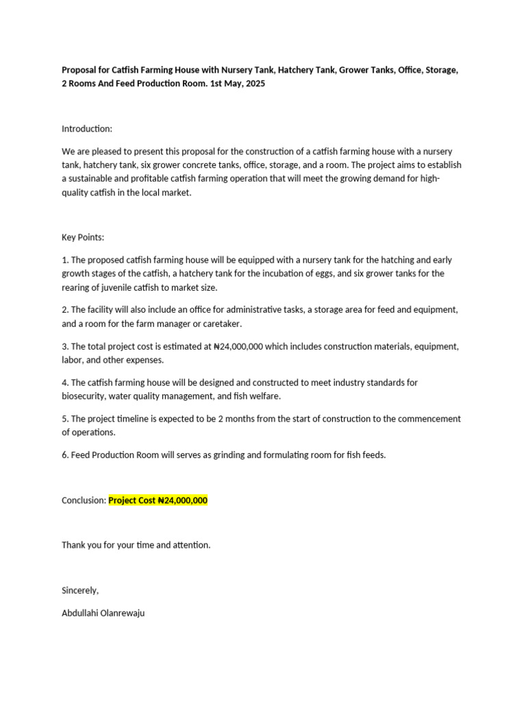 Catfish Farming House Proposal | PDF