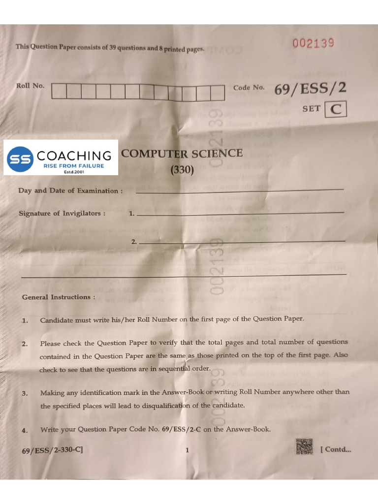 Nios Computer Science 330 SR Secondary Question Paper April 2025 | PDF